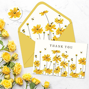 Whaline 24Pcs Floral Thank You Cards Flower Blank Greeting Cards Yellow Calliopsis Bee Note Cards with Envelopes Adhesive Stickers for Wedding Birthday Baby Shower Party Supplies, 4 x 6 Inch
