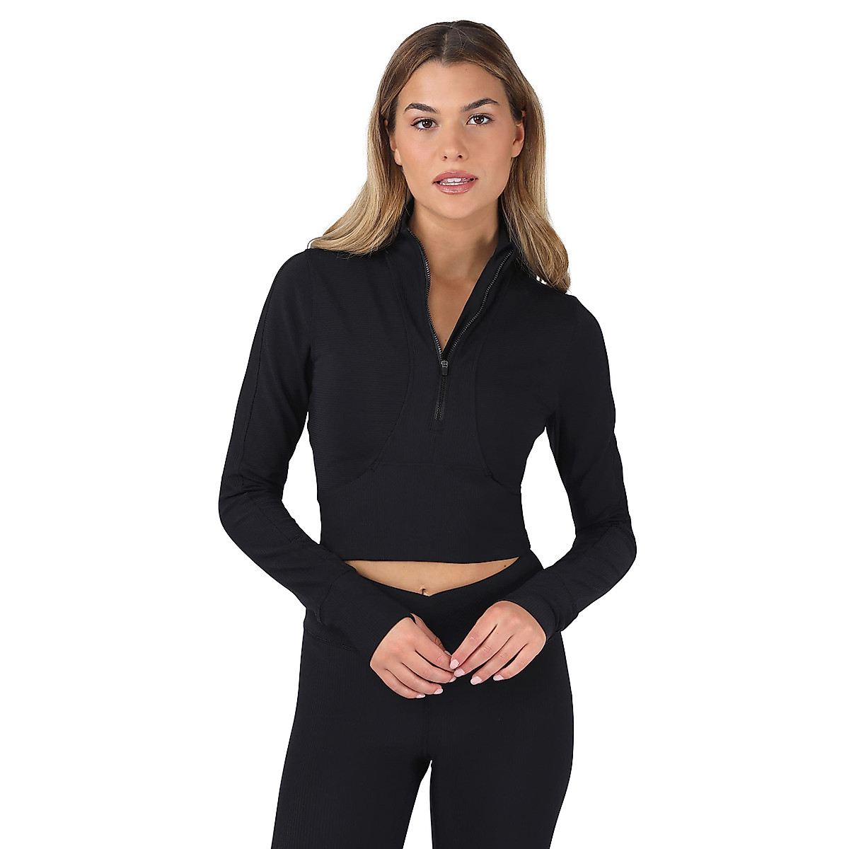 90 Degree By Reflex Womens Interlink Ribbed Half Zip Long Sleeve Crop Top Jacket - Black - Medium