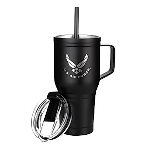 Military Veteran Products 30 Oz USAF Black Double Wall Vacuum Insulated Stainless Steel Air Force Tumbler with Handle | Travel Mug with Leakproof Lid