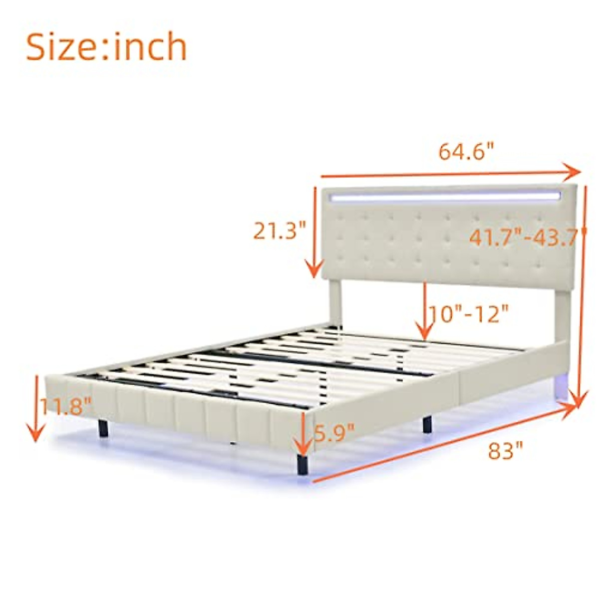 SIYSNKSI Modern Queen Upholstered Platform Bed with LED Lights, Floating Bed Frame with USB Charging and Headboard, Upholstered Platform Bed Frame for Kids Teens Adult Bedroom (Beige-055)