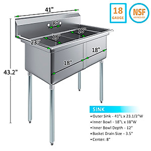 18" X 18" X 12" TWO COMPARTMENT STAINLESS STEEL COMMERCIAL KITCHEN PREP & UTILITY SINK | NSF (Without Side Drainboard)