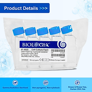 CryoKing Cell Culture Flasks, Sterile Plastic Tissue Culture Bottle with Plug Cap, 25cm² Culture Area, TC Treated, 7ml Working Volume, 60ml Total Volume, Pack of 5