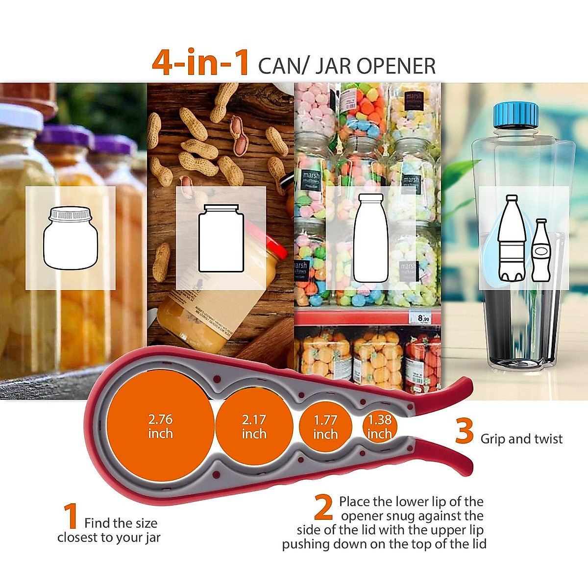 LSVGOE Jar Bottle Opener 3 Pack for Weak Hand and Seniors with Arthritis, 5-in-1 Multi Kitchen Tools Set 4-in-1Jar Grip Opener and Non Slip Jar Gripper Pad, Reusable Silicone Straws Included(Red)