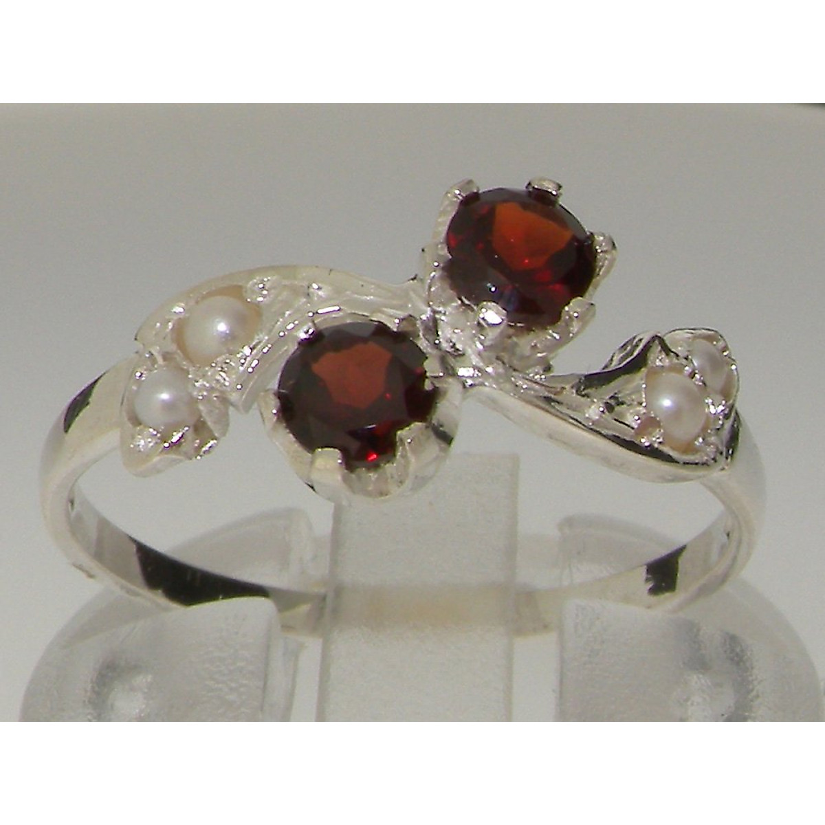LetsBuyGold 925 Sterling Silver Natural Garnet and Cultured Pearl Womens Band Ring - Sizes 4 to 12 Available
