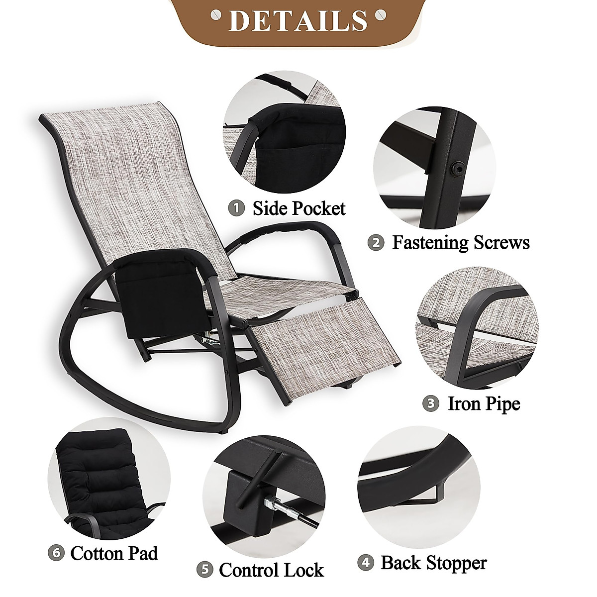 Patio Rocking Chairs with Armrest&Pockets Rocker Lounger with Removable Cotton Pads Suitable for Patio, Garden and Lawn (Black)