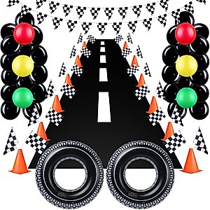 78 Pcs Race Car Birthday Party Decor Include 46 Traffic Light Balloons, 12 Traffic Cones, 12 Checkered Flag, 2 Pennant Banner, 2 Tire Swimming Ring, 1 Track Running Mat, and 3 Assembly Accessories