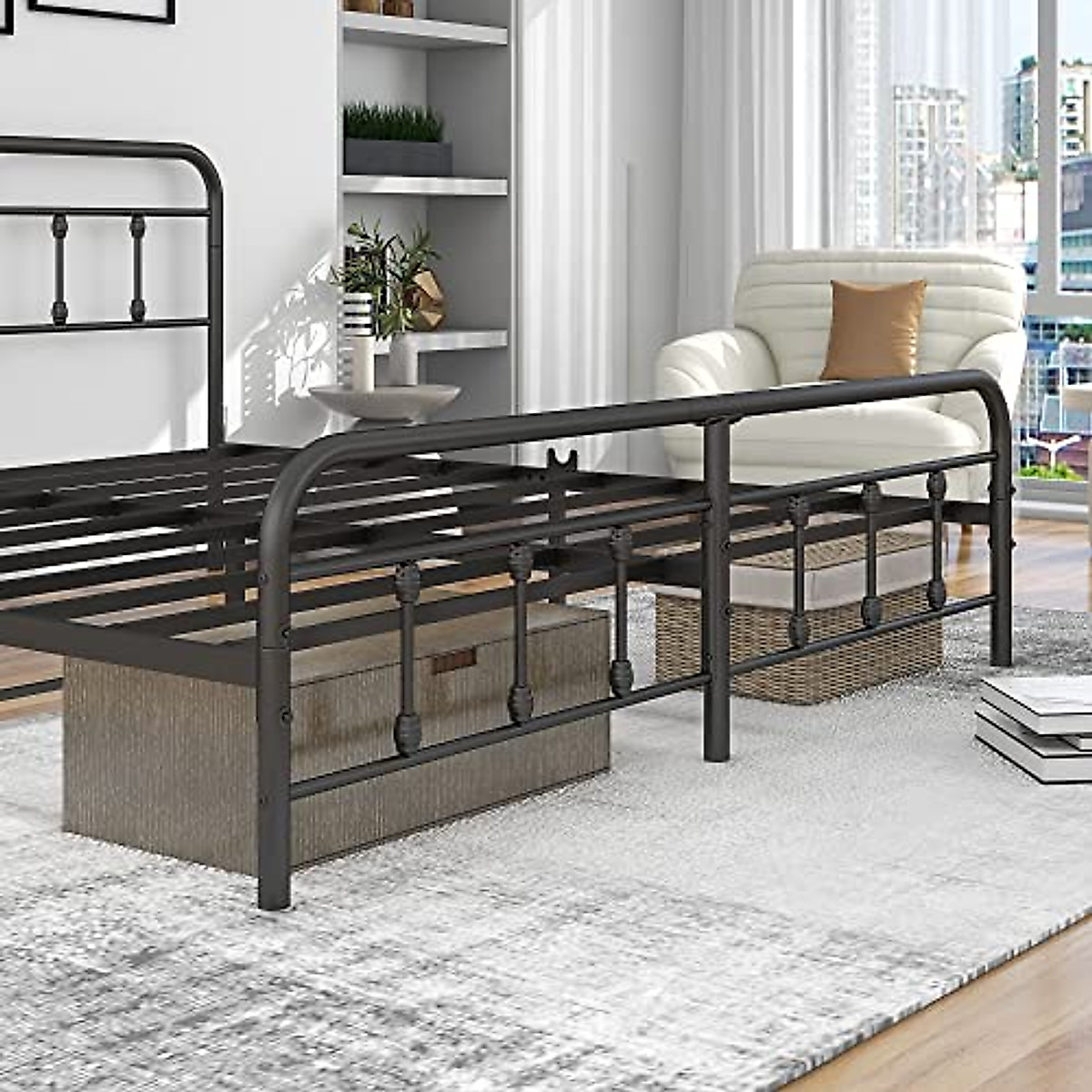 DUMEE King Size Bed Frame and Headboard with Footboard, Metal Bed Frame King with Storage Under Bed, No Box Spring Needed, Enhanced Slats and Legs, Black