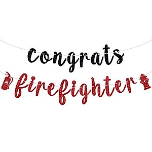 Congrats Firefighter Banner, Class of 2024/Congrats Grad, Fire Department Graduation Party Decoration Supplies for Fireman, Black and Red Glitter
