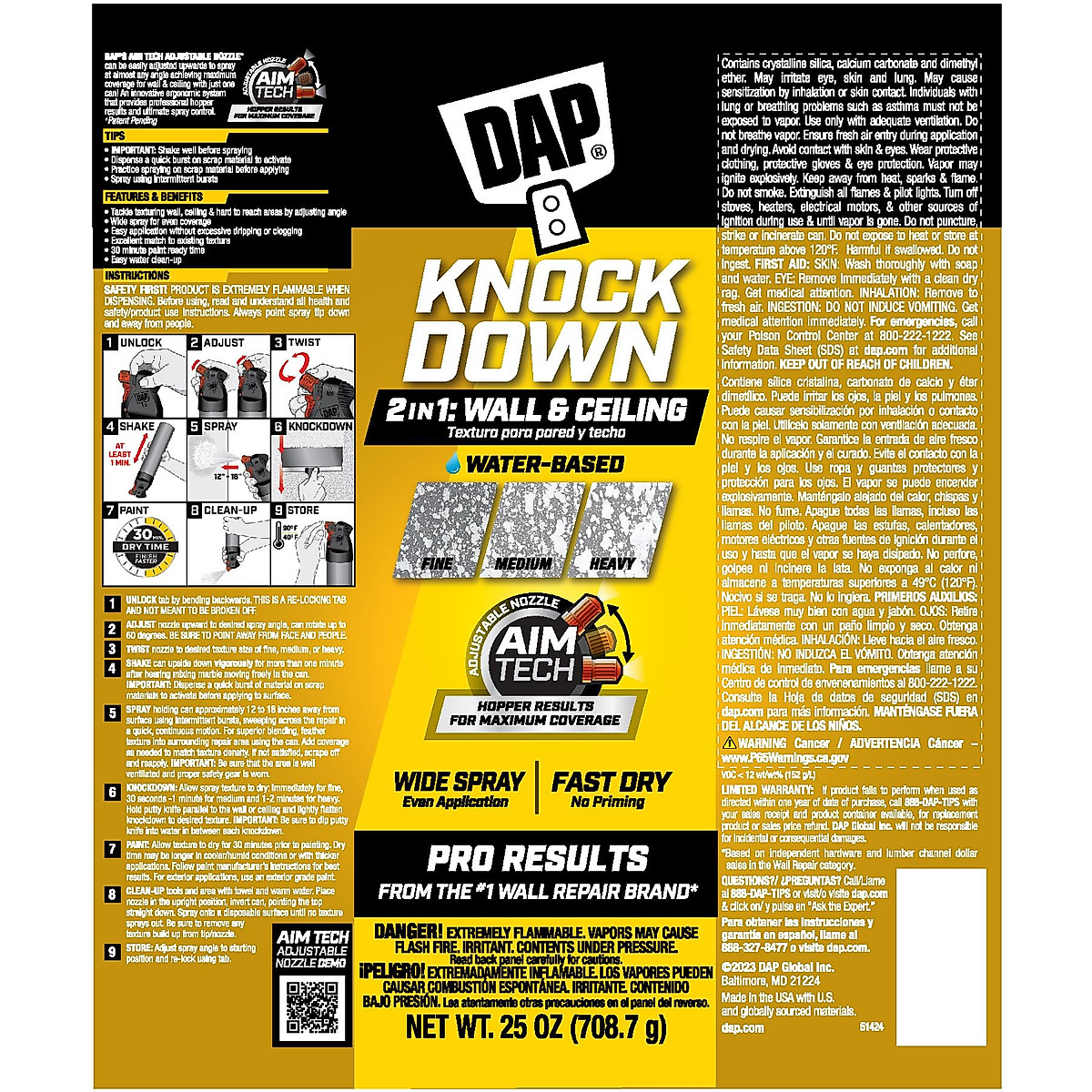 DAP Spray Texture Knockdown Water Based 2n1 Wall & Ceiling Texture Spray with Aim Tech Nozzle, White, 25 Oz (7079850010)