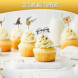 Magical Harry Birthday Decorations - 130 Pcs of Magical Wizard Birthday Party Supplies Includes Birthday Banner, Cake Topper, Lensless Glasses, Balloons, Cupcake Toppers, Stickers for Kids & Adults.