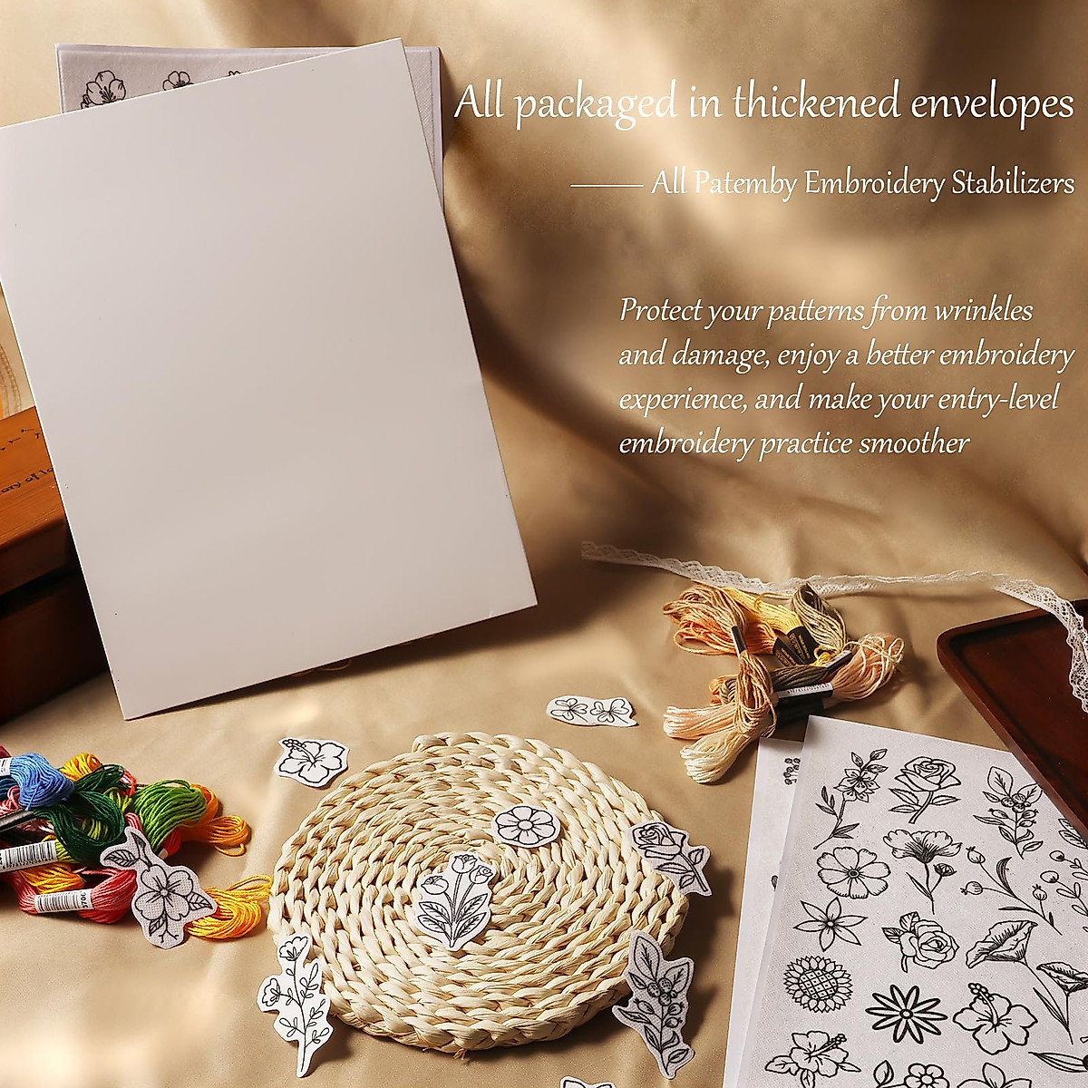 Patemby 50Pcs Water Soluble Embroidery Stabilizers, Stick and Stitch Embroidery Paper with Pre-Printed Flowers and Leaves Pattern Transfers for Hand Sewing Lover Beginners (Flower)