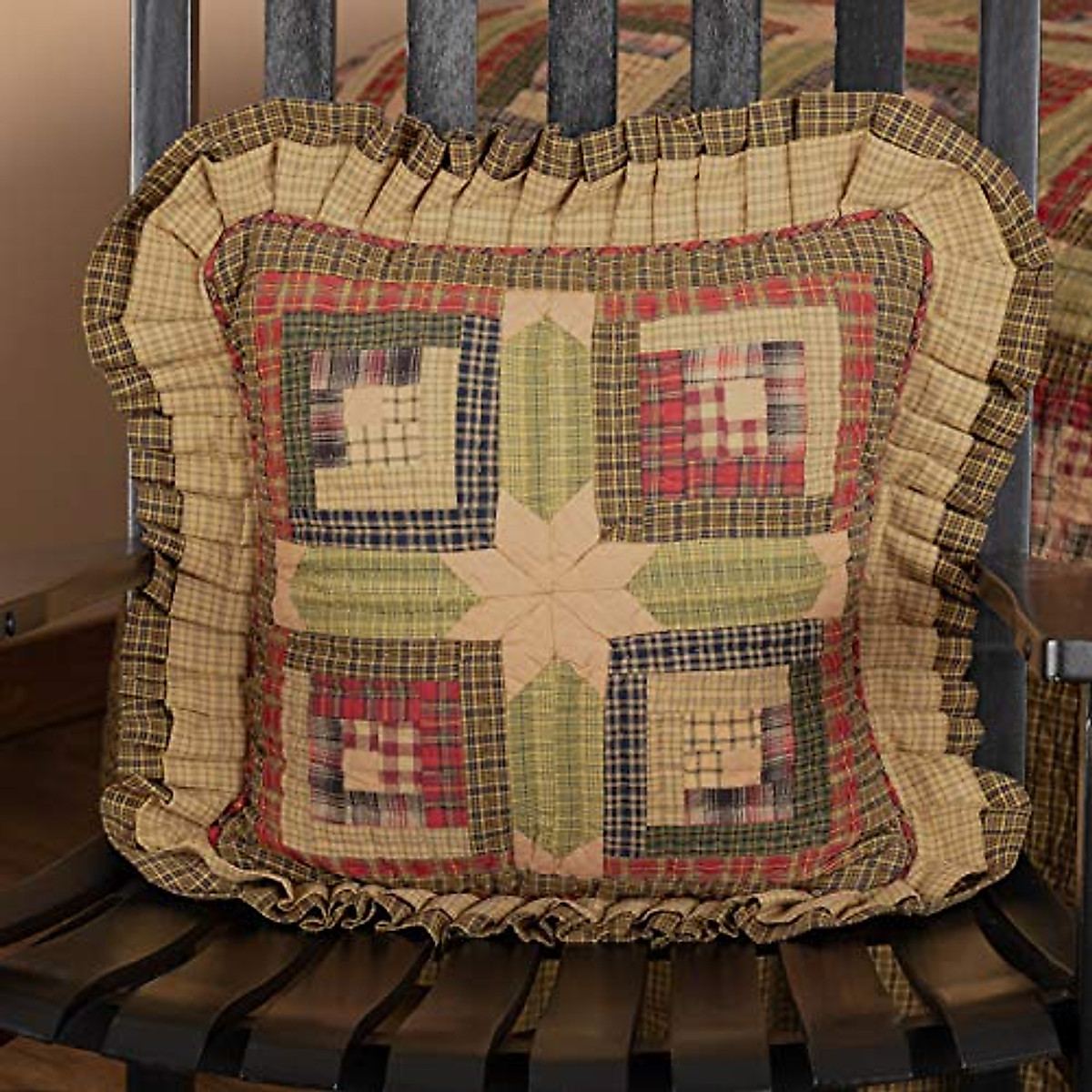 VHC Brands Tea Cabin Quilted Pillow 16x16 Country Rustic Bedding Accessory, Moss Green and Deep Red