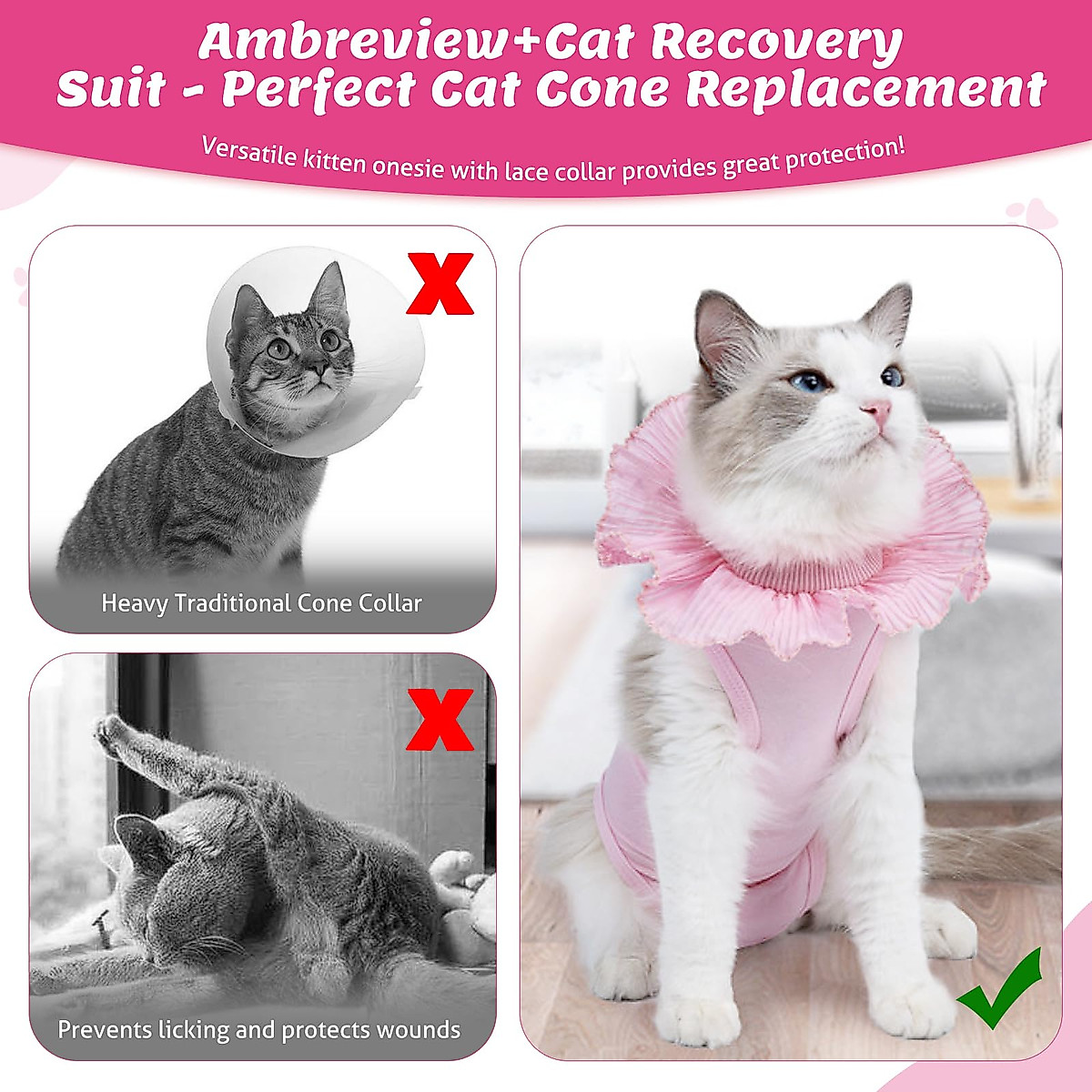 Ambreview Cat Recovery Suit for Female Cat, Kitten Recovery Onesie for Abdominal Wounds and Skin Diseases, Alternative Cone E-Collar Spay Suits for Cats After Surgery (Pink, S)