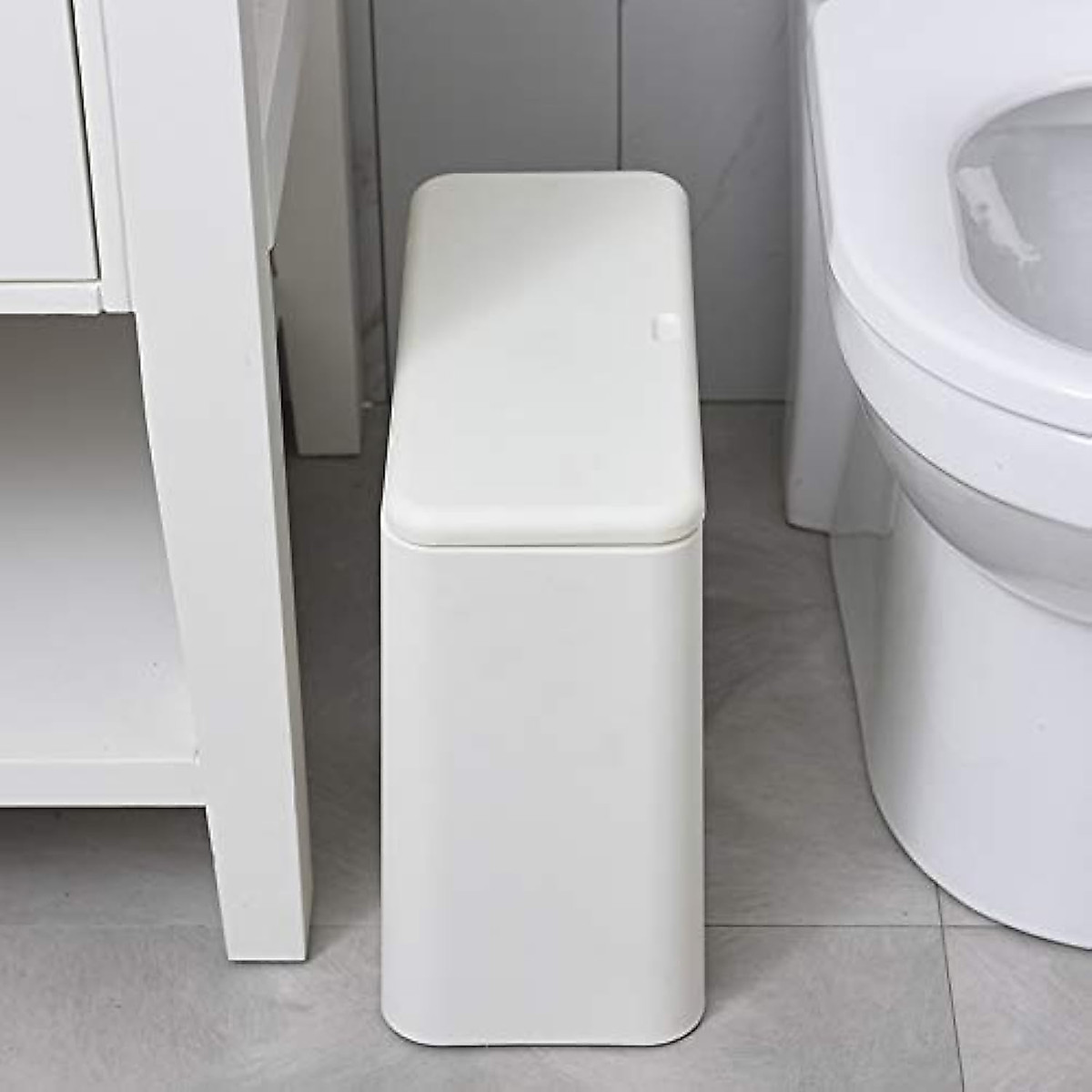 Modern Wastebasket Thin Trash Can,Small Rectangular Dog Proof Plastic Trash Bin,3.2 Gallon/12 Liter Slim Plastic Trash Can Wastebasket with Press Type Lid, White