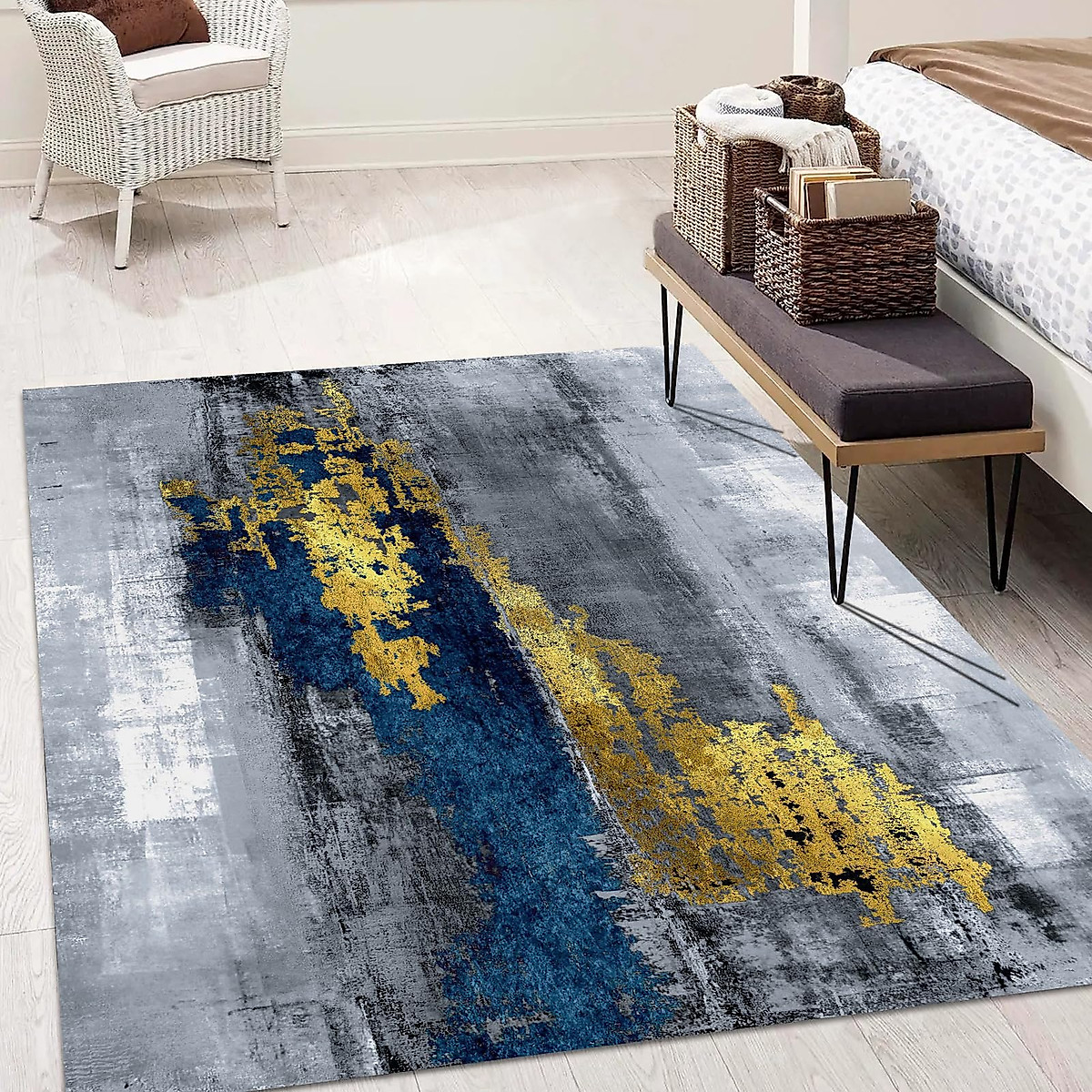 JHIQYVA 5x7 Feet Bedroom Area Rug for Living Room Kitchen Dining Room Office Study,Modern Minimalist Ultra Thin Low Pile Washable Rug,Non-Slip Soft Non-Shedding,Blue-Yellow