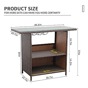 Valita Outdoor PE Wicker Bar Counter Glass Top Table with 2 Steel Shelves Design and 3 Set of Rails Patio Brown Rattan Furniture