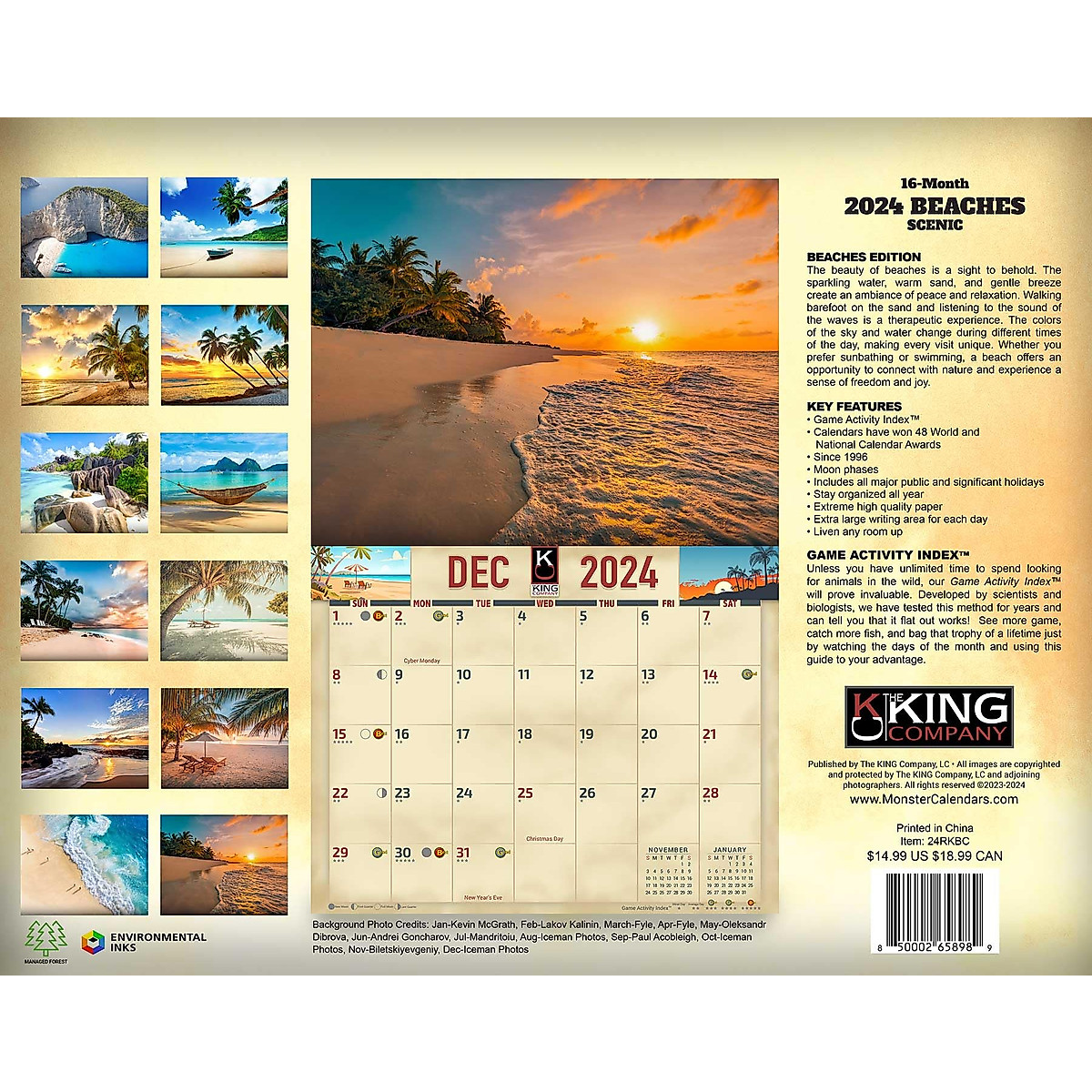 2024 Beaches Scenic Wall Calendar 16-Month X-Large Size 14x22, Best Beach Paradise Calendar by The KING Company-Monster Calendars