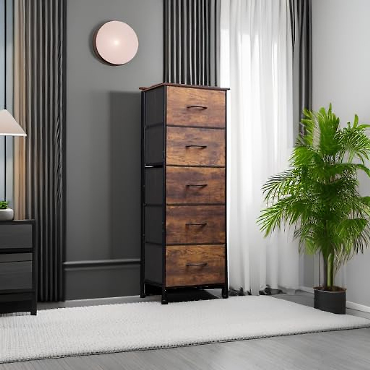 WLIVE Fabric Dresser, 5-Drawer Tall Dresser for Bedroom, Storage Dresser Organizer with Fabric Bins, Wood Top, Sturdy Steel Frame, Chest of Drawers for Closet, Hallway, Rustic Brown Wood Grain Print