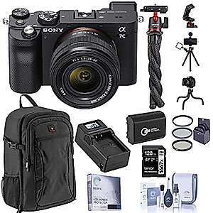 Sony Alpha 7C Mirrorless Digital Camera with FE 28-60mm Lens, Black, Bundle with 128GB SD Card, Backpack, Mini Tripod, Extra Battery, Charger, Screen Protector and Accessories