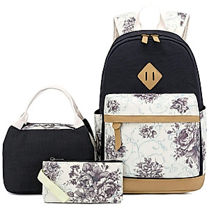 Bluboon School Backpack Set 3 Pieces Lightweight Canvas Teen Girls Bookbags Lunch Box Pencil Case (Black-flower)