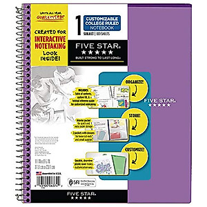 Five Star Interactive Notetaking, 1 Subject, College Ruled Spiral Notebook, 100 Sheets, 11" x 8-1/2", Customizable, Purple (06374AB6)