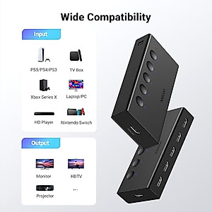 UGREEN HDMI Switch 5 in 1 Out 4K@60Hz, HDMI Splitter with Remote 5 Port HDMI Switcher Selector Support 3D CEC HDR HDCP2.2 Compatible with PS5/4/3 Xbox Nintendo Switch Roku TV Fire Stick Black