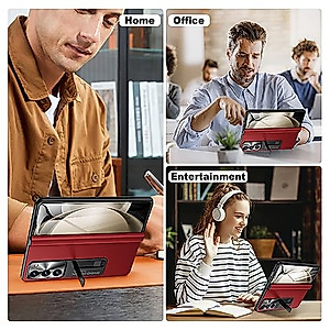 for Samsung Z-Fold-5 Cover: Genuine Leather Galaxy Fold 5 Kickstand Case[Hinge Protection][Screen Protector] Skin Felling - Durable Shockproof Protective Phone Case for Galaxy Fold 5 2023 - Red