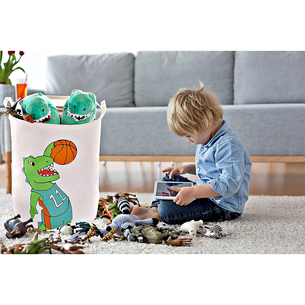 KAZULO Dinosaur Baskets Set, Kids hampers, Dinosaur laundry Basket, Dinosaur clothes Hamper with Handles, Dino Decor, Dinosaur Stuf, Book Storage Bins for kids (Dino Bundle)