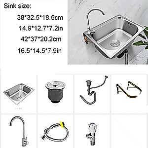 Single Bowl Stainless Steel Commercial Kitchen Sink, Free Standing Utility Sink Single Bowl Rectangle Wash Vegetable Basin For Garage Restaurant Laundry Room Outdoor (With Faucet 42*37*20.2CM)