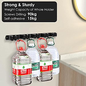 lazycozy® Broom Holder Wall Mount, Mop and Broom Organizer Wall Hanging, 5 Clamps and 4 Hooks + 2 Independent Clamps, Tool Storage Utility Rack for Home Kitchen Garden Laundry Garage