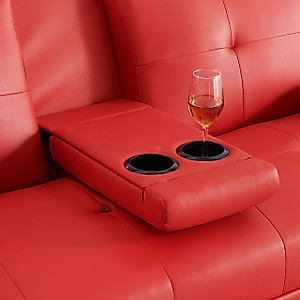 LIADTOP 67" Multifunctional Sofa 2 Cup Holders,Leather Loveseat Sleeper with Removable Armrests,Convertible Folding Couches Bed for Small Spaces,Red