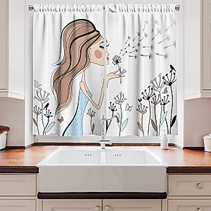 Ambesonne Retro Kitchen Curtains, Fashion Woman with Dandelion Flower Spring Wind Garden Sketchy Illustration, Window Drapes 2 Panel Set for Kitchen Cafe Decor, 55" x 39", Blue