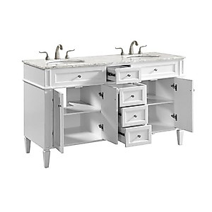 Elegant Kitchen and Bath 60 inch Double Bathroom Vanity Cabinet Set with White Marble Countertop - White
