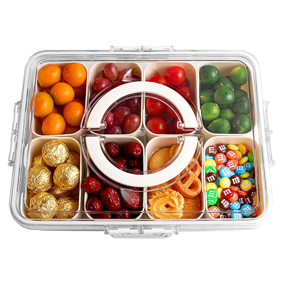Zonpexe Snackle Box with Handle, Snack Box Container for Candy, Fruits, Nuts, Charcuterie and Veggies, Divided Serving Tray with Lid Perfect for Party and Entertaining, Travel and Beach Essentials