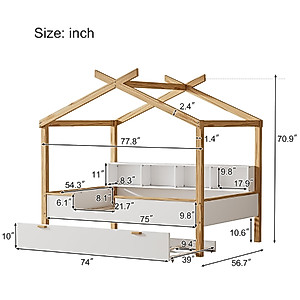 Goohome Kids House Bed with Storage Shelves, Full Size Montessori Bed with Bookcase, Roof Design Wooden Cabin Bed Frame with Twin Size Trundle for Girls Boys Teens, Saving Space