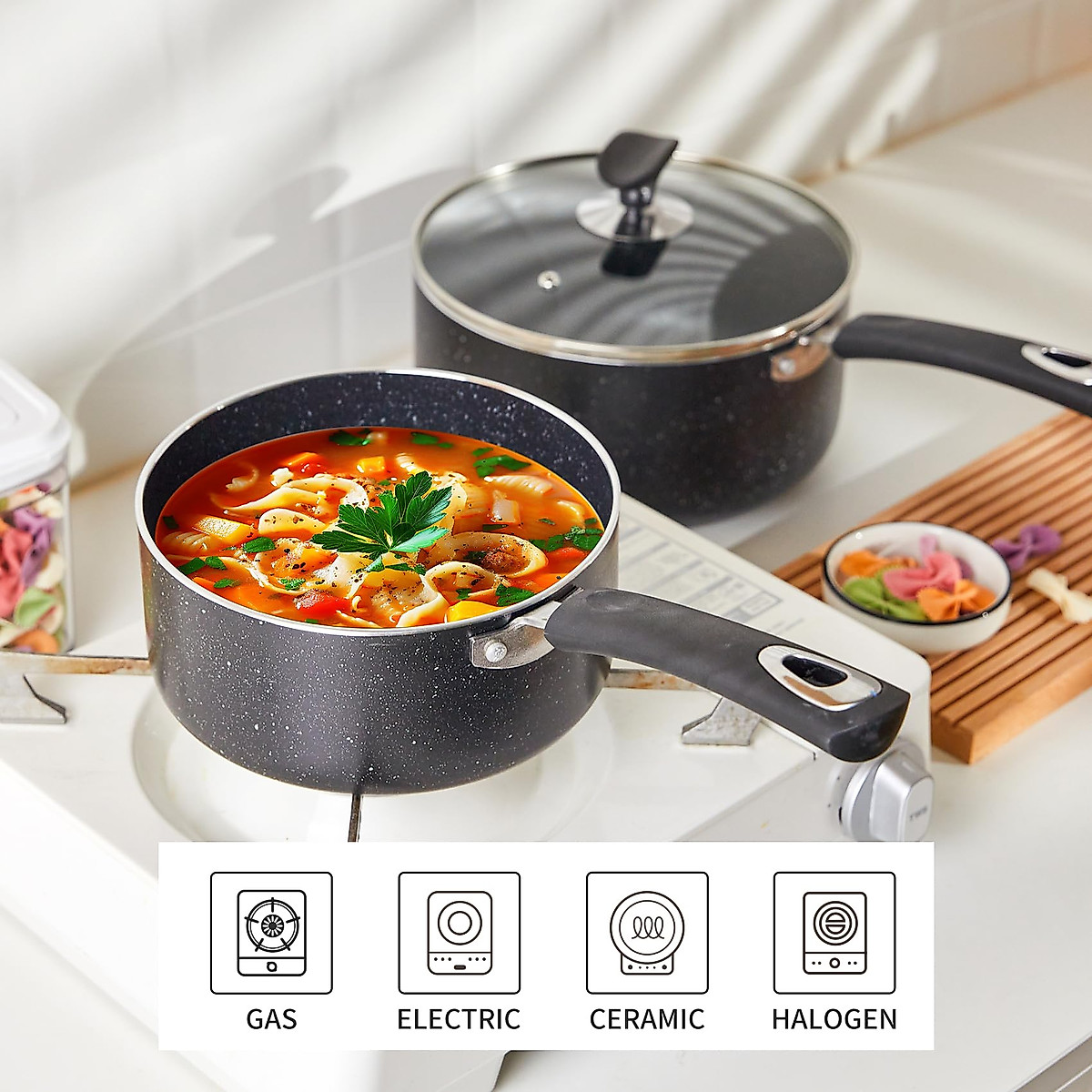 HooJay Nonstick Saucepan with Lid, Non Stick 1Qt & 2Qt & 3Qt Sauce Pan Set with Silicone Handle,Small Milk Pot with Glass Lid for Home Kitchen