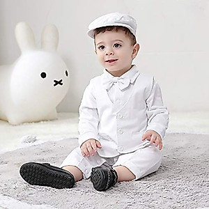 HOSUKKO Baptism Outfits for Boys, Long Sleeve One-Piece Romper & Vest & Beret & Bow Tie Sets, Infant Baby Boy Christening Outfit (White,6-12M)