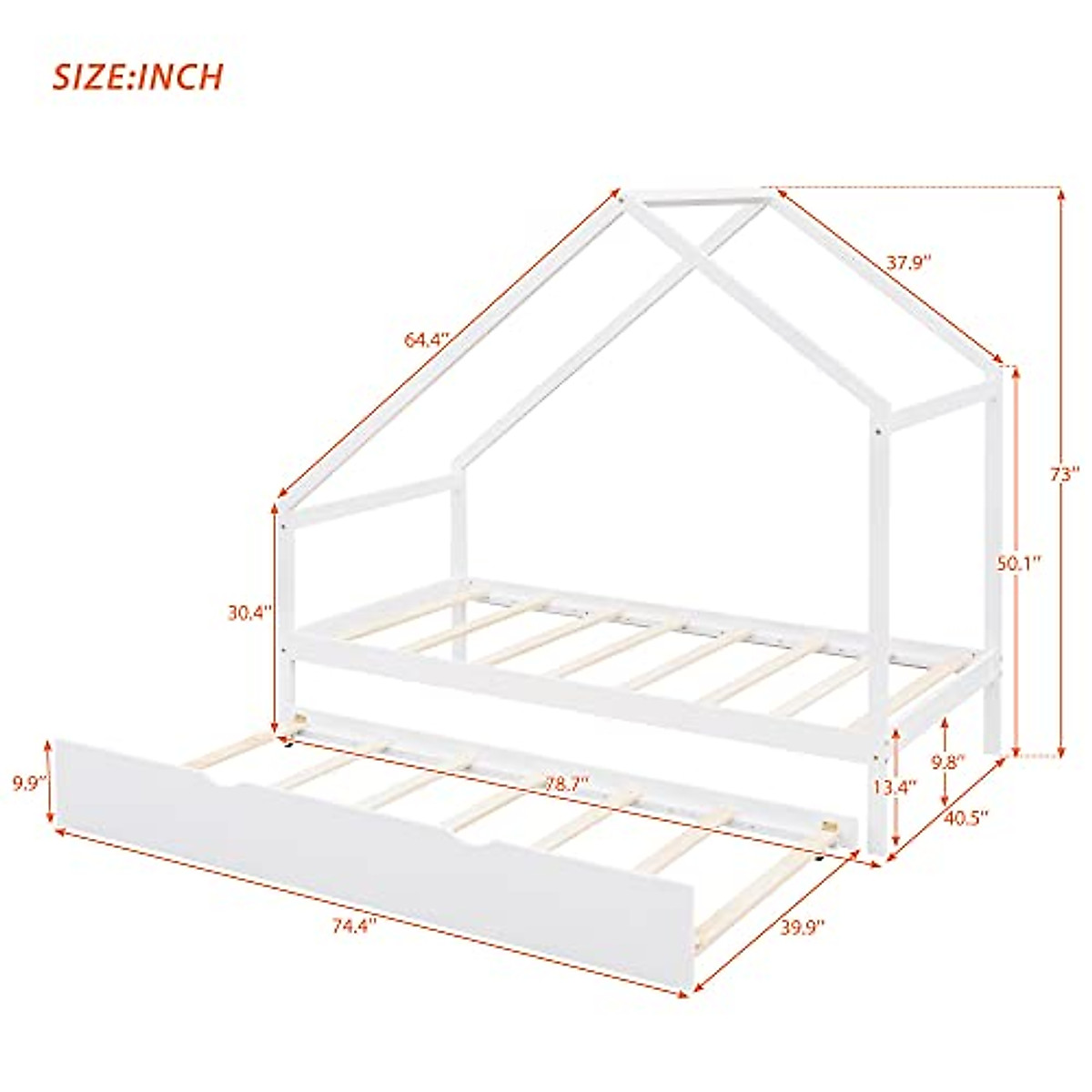 YuiHome Twin Size House Bed for Kids, Twin Size Bed Frame with Trundle Bed, Wooden Kids House Twin Bed Frame for Girls, Boys,No Box Spring Needed,White