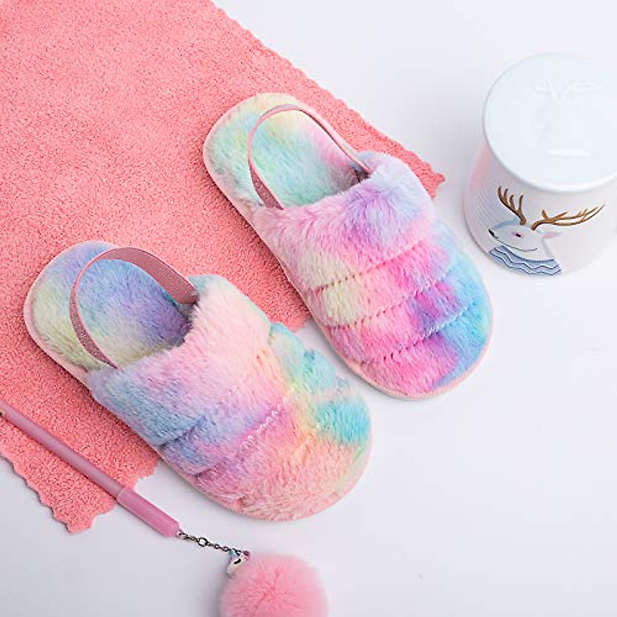 Kids Fluffy Fuzzy Slippers Rainbow Color House Home Slippers for Boys and Girls Faux Fur Slides with Strap Little Kids Slip-on Shoes