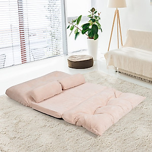 COSTWAY Convertible Floor Sofa Couch with 2 Waist Pillows, Folding 6-Position Adjustable Loveseat with Corduroy Fabric, Metal Frame, Upholstered Floor Couch Lounge for Reading Playing Gaming (Brown)