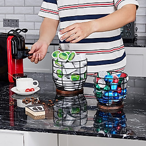 Yangbaga 2pcs Coffee Pod Holder ,Large Capacity Black Wire K cup Holder with Wooden Base,Modern Coffee Basket Coffee Bar Decor for Coffee Station for espresso Pods & Capsules，Fruit Snack Storage