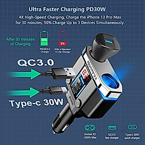 Car Cigarette Lighter Adapter, USB C 30W PD Fast Charger & Type-C PD 20W Car Cigarette Charger, QC3.0 for 12V/24V Vehicles, Separate Switch LED Voltmeter Replaceable 15A Fuse for GPS/Dash Cam/Phone.…