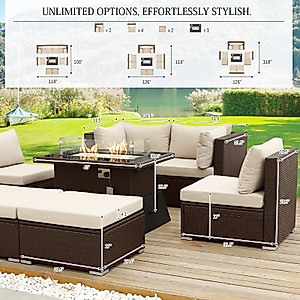 BULEXYARD High Back Brown PE Rattan Outdoor Patio Furniture Set with Propane Fire Pit Table, Large Wicker Outside Sectional Furniture Sofa Conversation Sets for Backyard(Beige, 9Pcs)