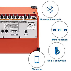 Acoustic Guitar Amplifier, 20 Watt Bluetooth Amp for Guitar Acoustic with Reverb Chorus Effect, 3 Band EQ（Including Microphone and Audio Cable）
