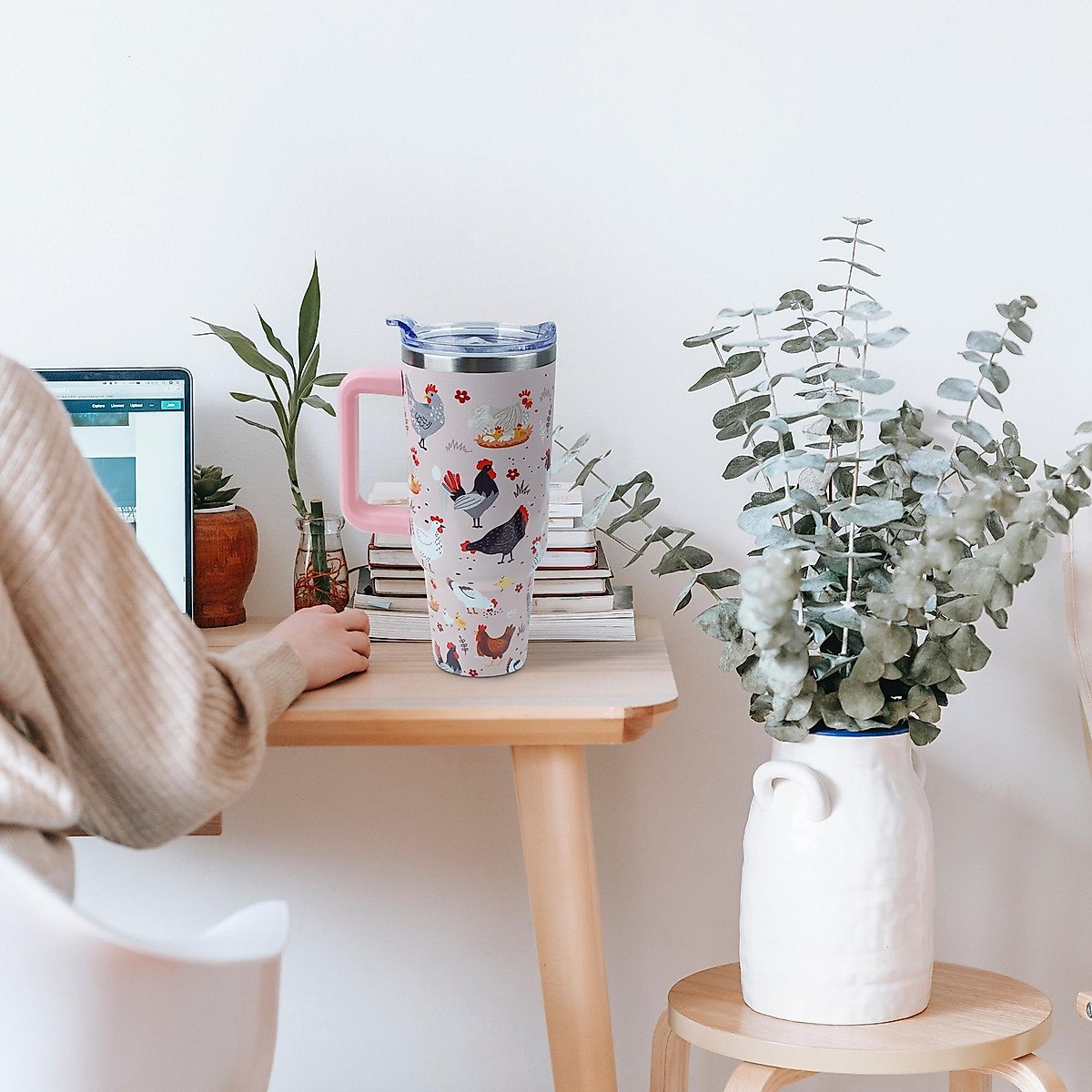 PERRIFIC 30 oz Tumbler with Handle and Straw Lid Leak Proof, Chicken and Rooster Design Coffee Travel Mug with Handle Insulated for Hot and Cold Drink Ice, Mother's Day Birthday Gifts for Women Mom