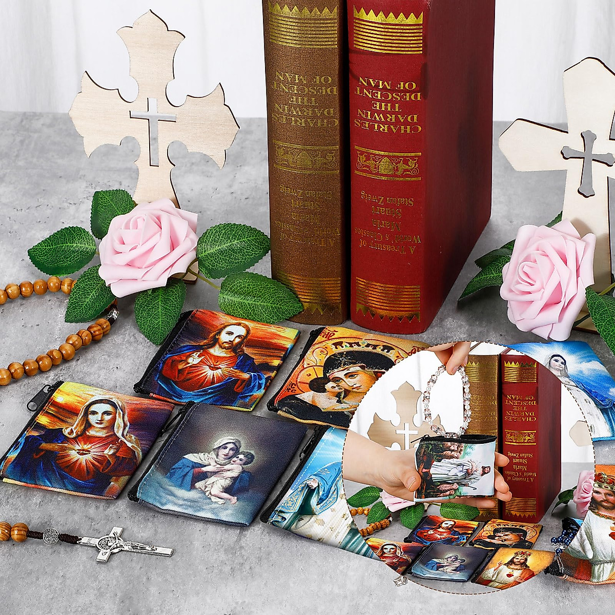 Windyun 8 Pcs Catholic Rosary Pouch 3.5'' x 2.8'' Coin Purse Rosary Holder Rosary Bag Icon Bag with Zipper for Prayer Storage (Religious)