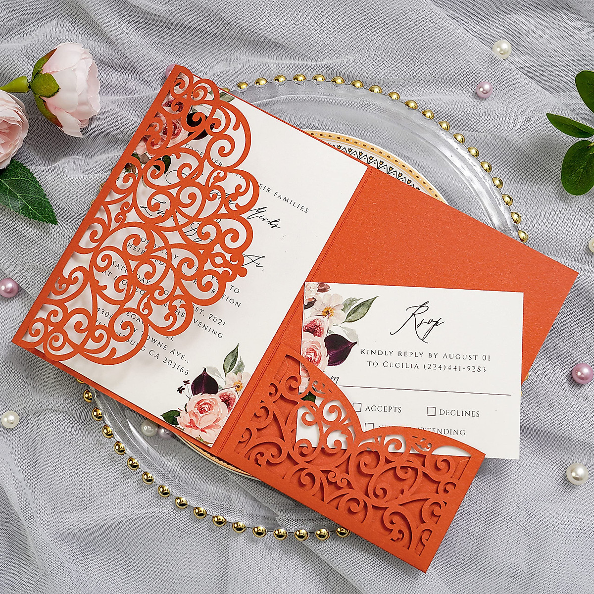 PONATIA 20 PCS Laser Cut Invitations Pockets, Terracotta Wedding Invitations with Envelopes for Wedding Party Bridal Shower Engagement Birthday Invite,Autumn Wedding Invitations