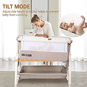 JOYMOR Bedside Sleeper Rocking Bassinet, Height Adjustable Breathable Net Bed Side Baby Cribs with Washable Mattress,Mosquito Net,Storage Basket for Infants, Beige