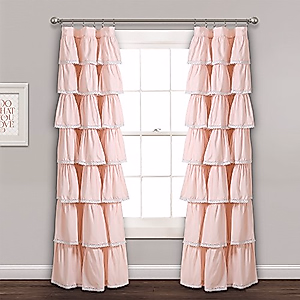 Lush Decor Lace Ruffle Curtain | Shabby Chic Farmhouse Style Window Panel for Living Room, Dining Room, Bedroom (Single), 84” x 52”, Blush