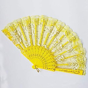 RAZZUM Decorative Folding Fans 1pcs Chinese Style Folding Fan Lace Hand Held Rose Flower Folding Fan Dance Party Wedding Decor Ventilador plegable Christmas fan (Color : Yellow)